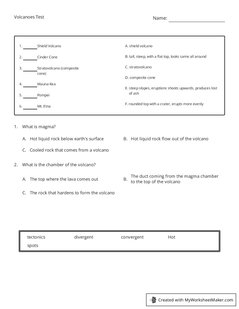Volcanoes Test - My Worksheet Maker: Create Your Own Worksheets