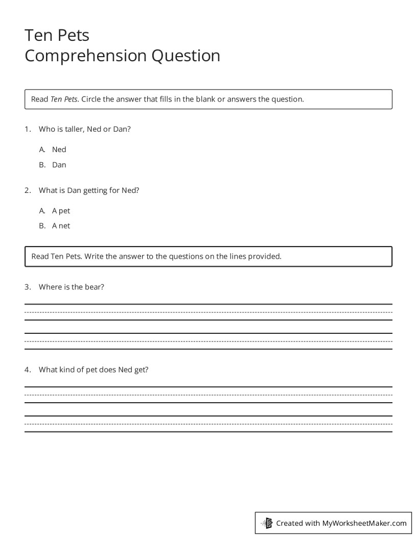 Ten Pets Comprehension Question - My Worksheet Maker: Create Your Own ...
