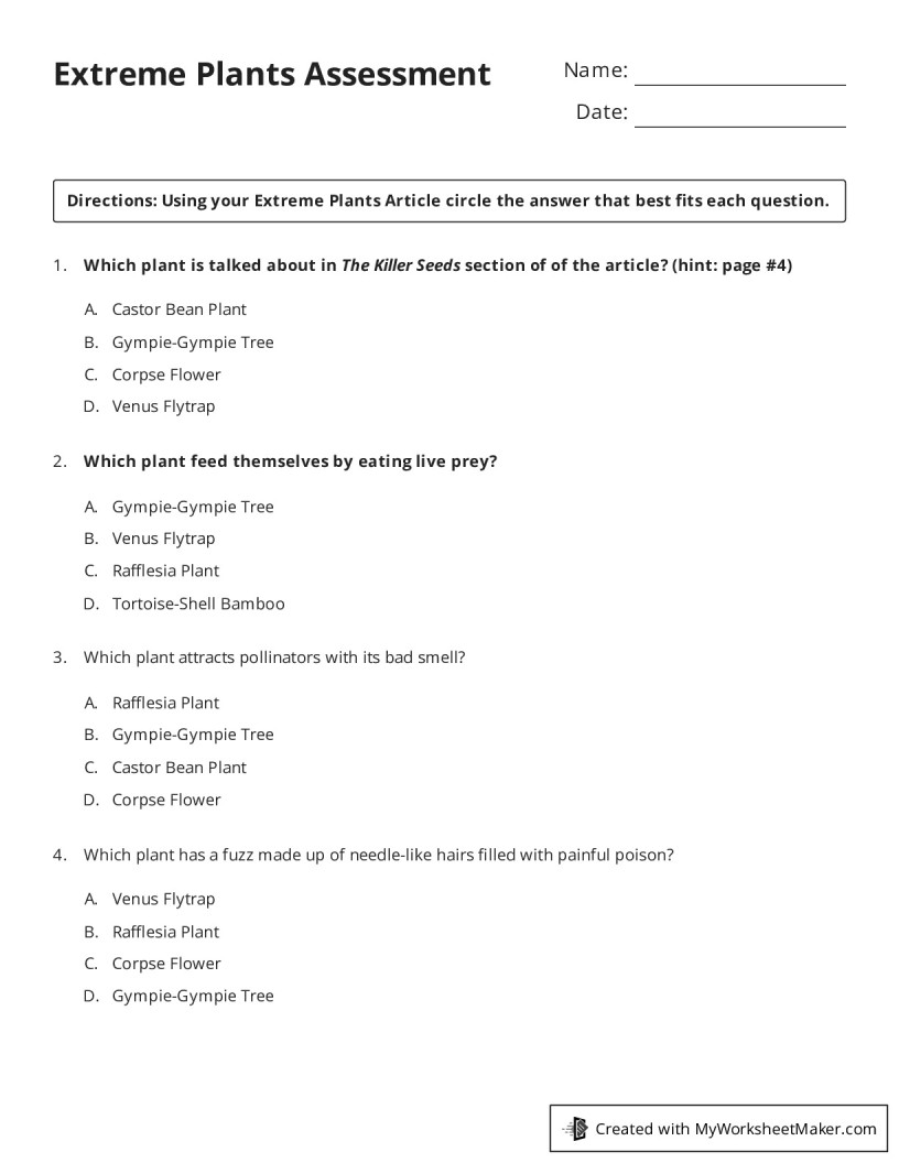 Extreme Plants Assessment - My Worksheet Maker: Create Your Own Worksheets