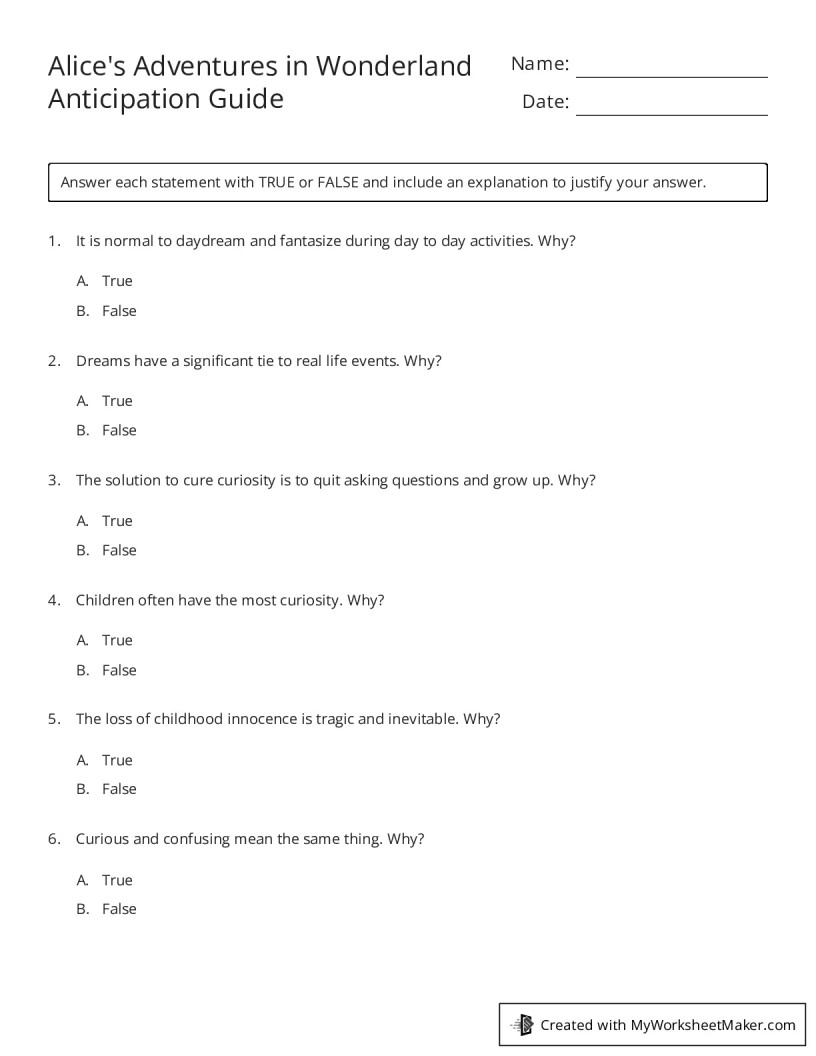 Alice's Adventures in WonderlandAnticipation Guide - My Worksheet Maker ...
