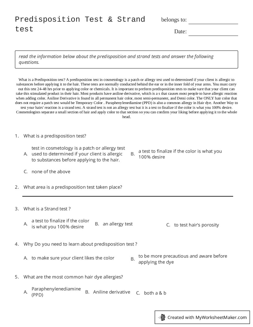 Predisposition Test & Strand test - My Worksheet Maker: Create Your Own ...