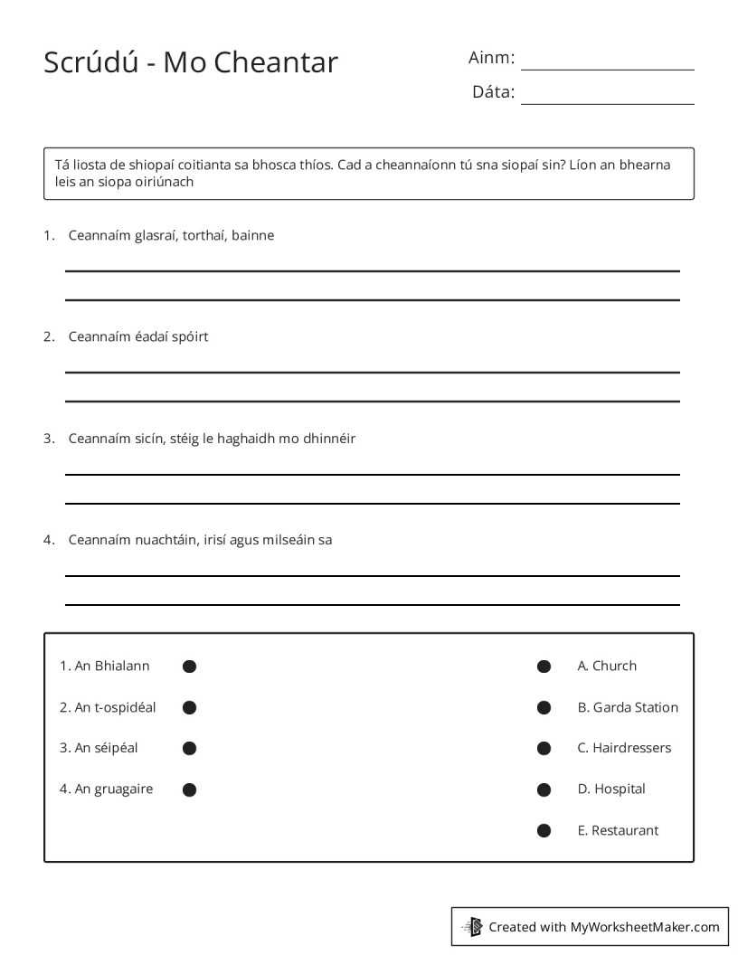 Scrúdú - Mo Cheantar - My Worksheet Maker: Create Your Own Worksheets