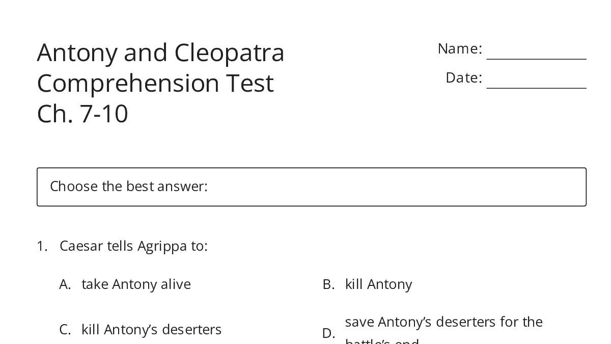 Antony and Cleopatra Comprehension Test Ch. 7-10 - My Worksheet Maker ...