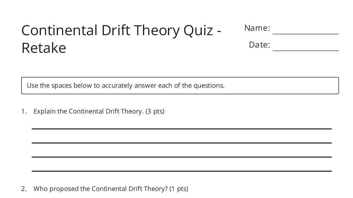 Continental Drift Theory Quiz - Retake - My Worksheet Maker: Create ...