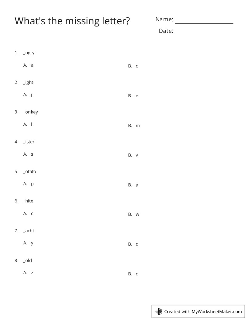 What's the missing letter? - My Worksheet Maker: Create Your Own Worksheets