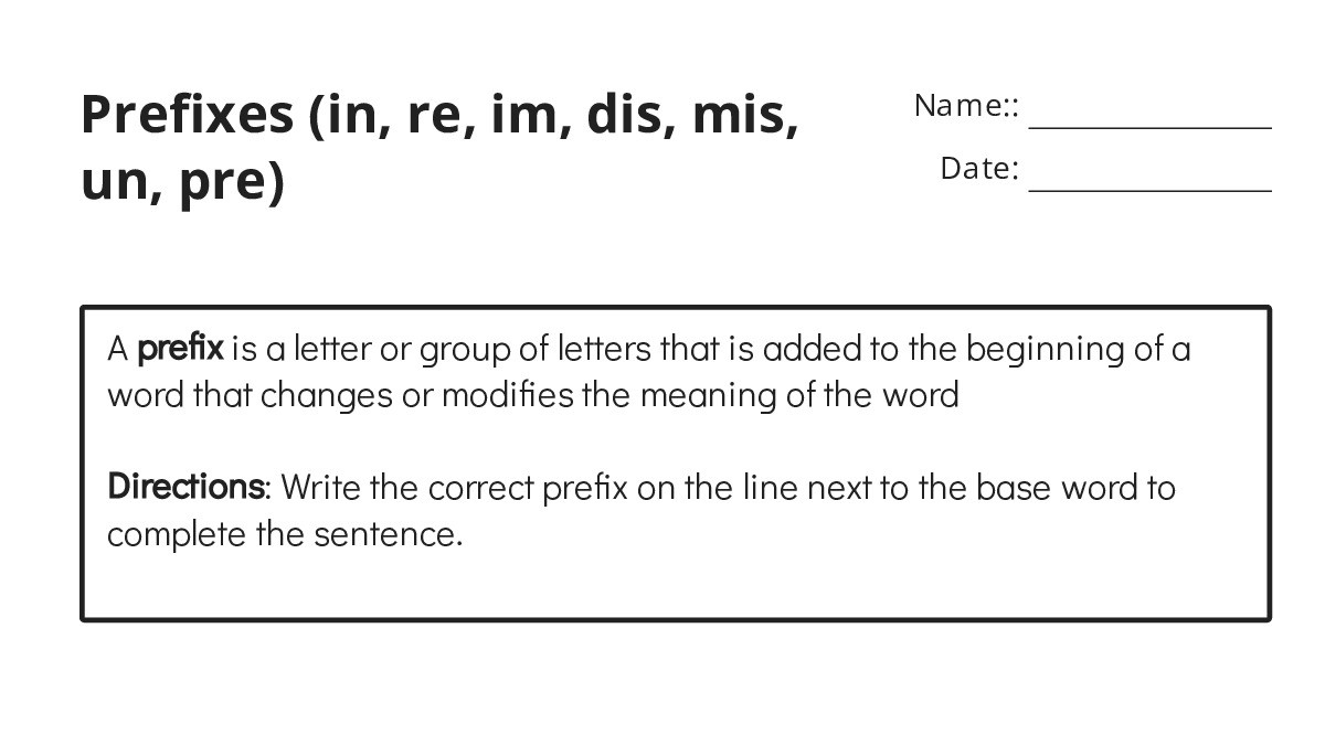 Prefixes (in, re, im, dis, mis, un, pre) - My Worksheet Maker: Create ...