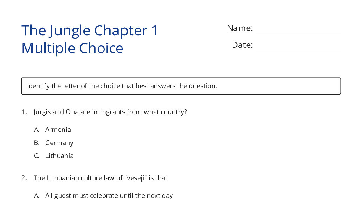 The Jungle Chapter 1 Multiple Choice - My Worksheet Maker: Create Your ...
