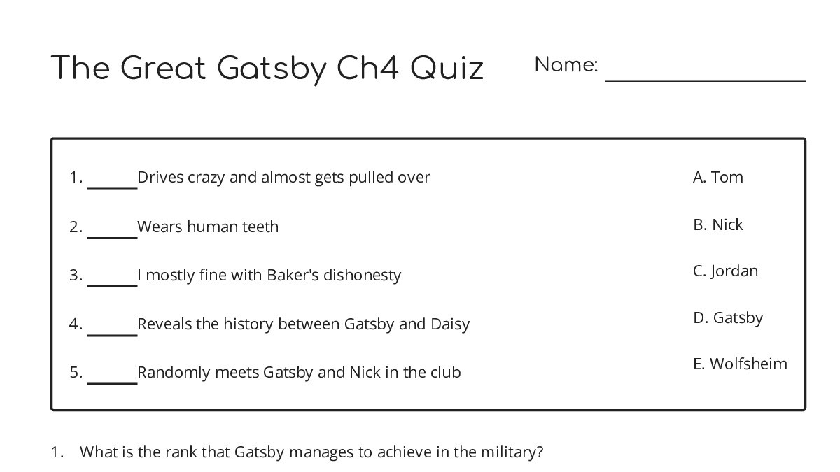 The Great Gatsby Ch4 Quiz - My Worksheet Maker: Create Your Own Worksheets
