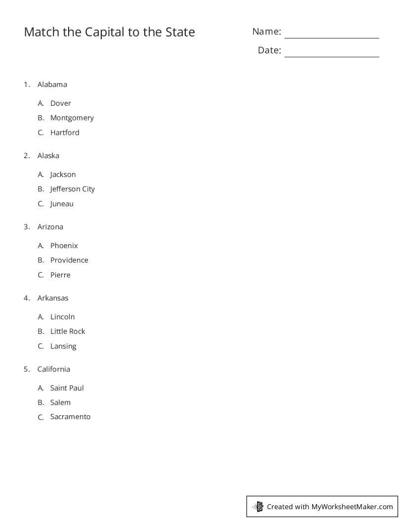 Matching States And Capitals Test States And Capitals Matching Game