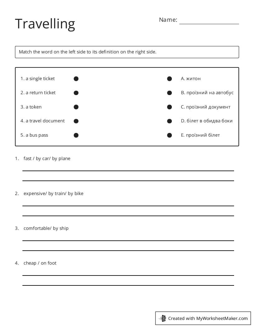 Travelling - My Worksheet Maker: Create Your Own Worksheets