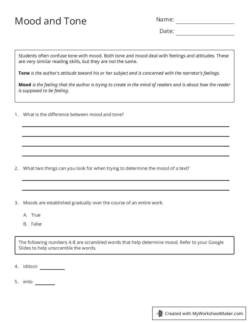 Mood and Tone - My Worksheet Maker: Create Your Own Worksheets