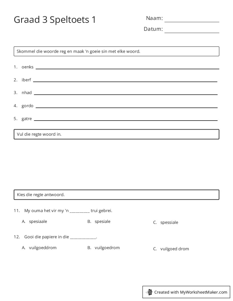 Graad 3 Speltoets 1 - My Worksheet Maker: Create Your Own Worksheets