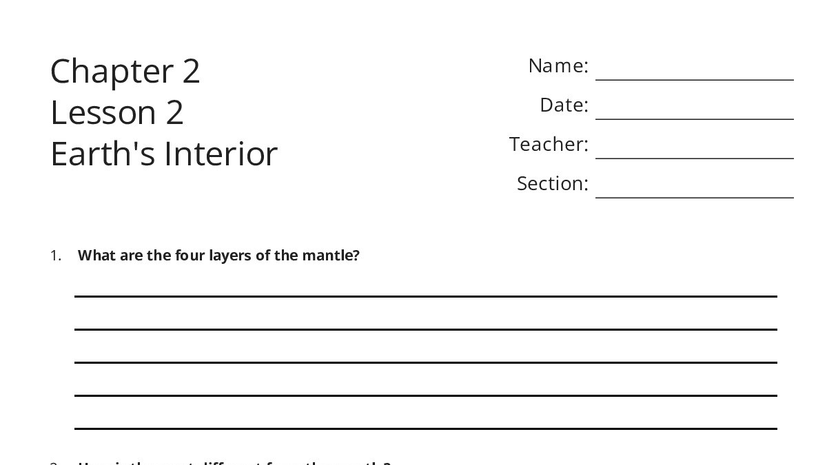 Chapter 2 Lesson 2 Earth's Interior - My Worksheet Maker: Create Your ...