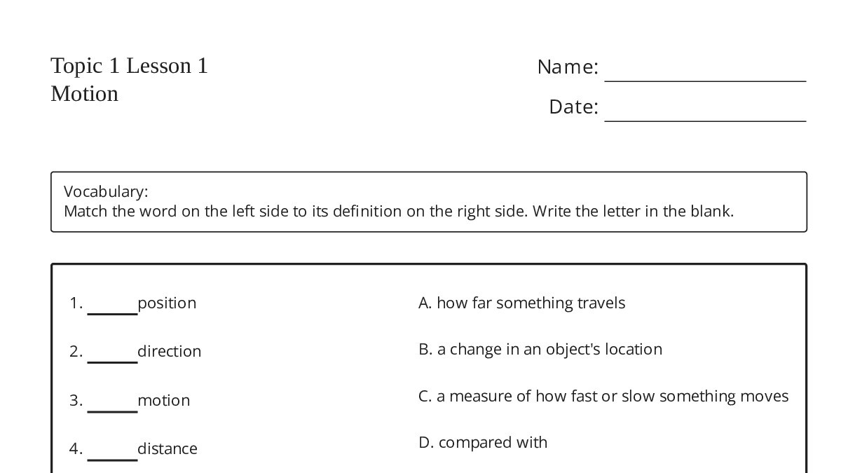 Topic 1 Lesson 1 Motion - My Worksheet Maker: Create Your Own Worksheets