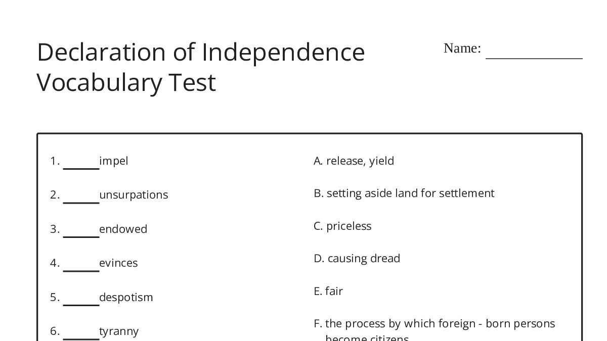 Declaration of Independence Vocabulary Test - My Worksheet Maker ...