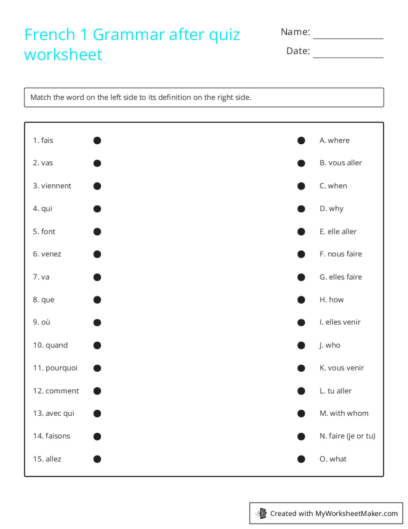 French 1 Grammar after quiz worksheet - My Worksheet Maker: Create Your ...