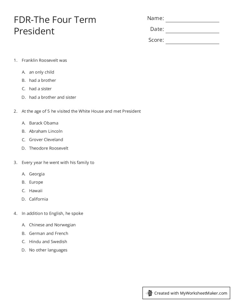 FDR-The Four Term President - My Worksheet Maker: Create Your Own ...