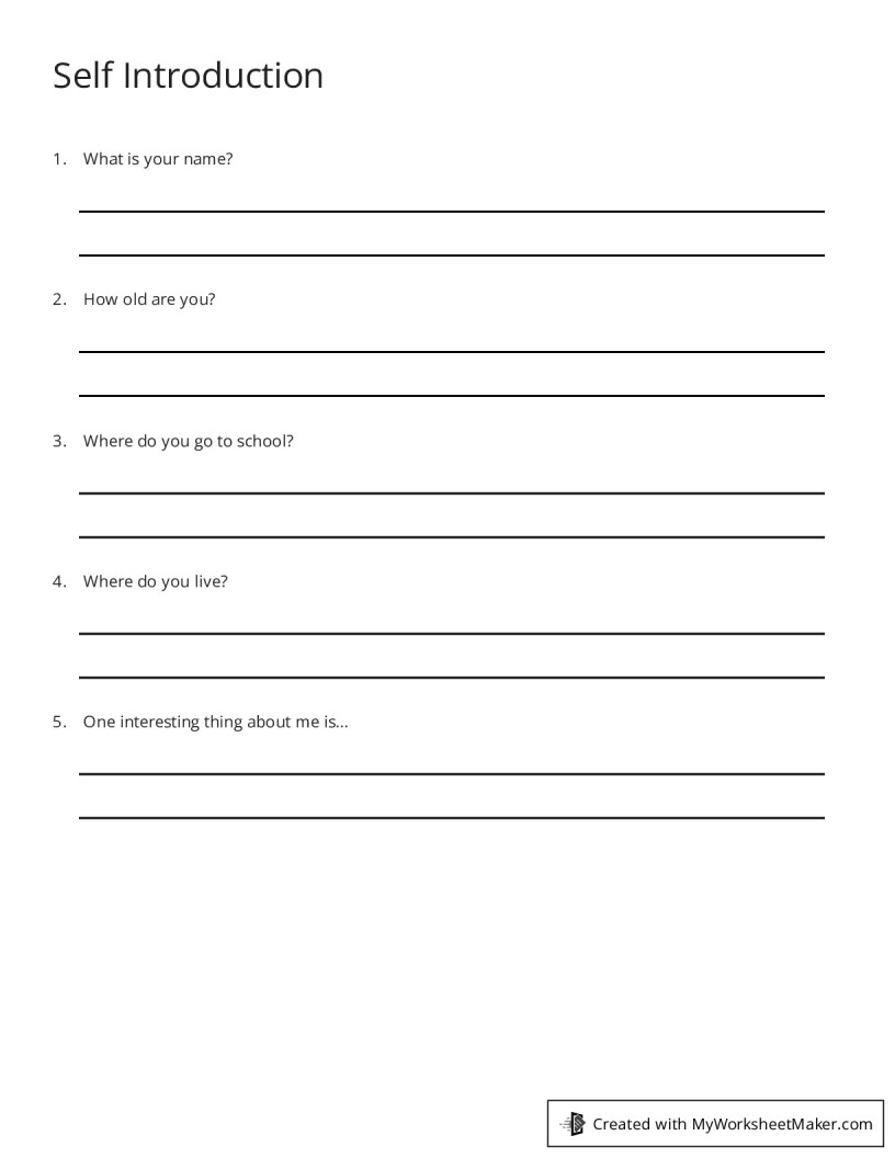 Self Introduction - My Worksheet Maker: Create Your Own Worksheets