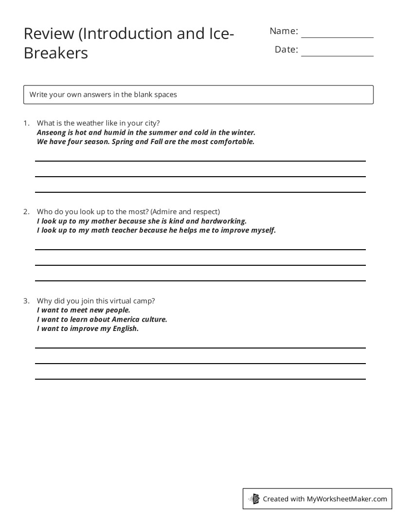 Review (Introduction and Ice-Breakers - My Worksheet Maker: Create Your ...