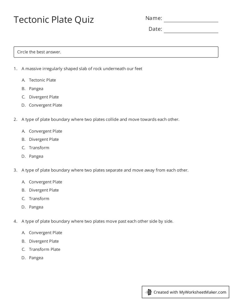 Tectonic Plate Quiz - My Worksheet Maker: Create Your Own Worksheets