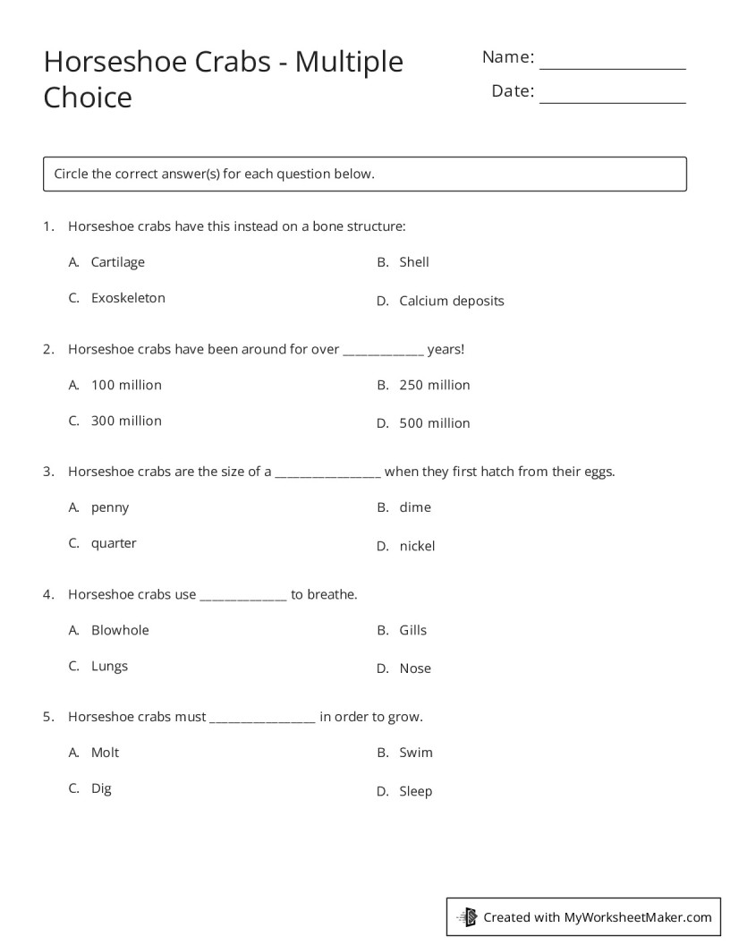 Horseshoe Crabs - Multiple Choice - My Worksheet Maker: Create Your Own ...