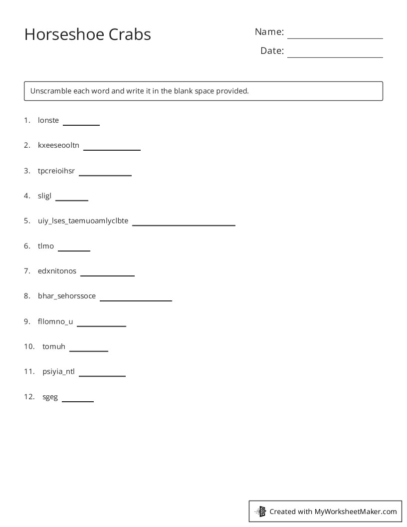 Horseshoe Crabs - My Worksheet Maker: Create Your Own Worksheets
