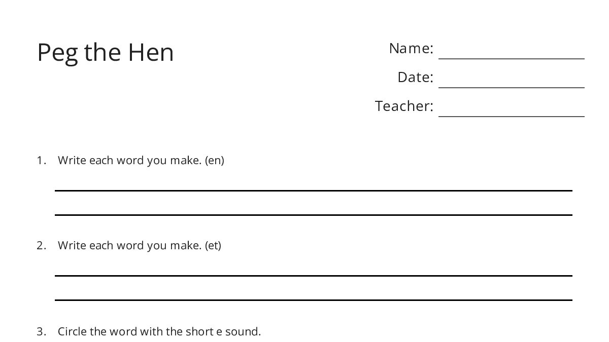 Peg the Hen - My Worksheet Maker: Create Your Own Worksheets