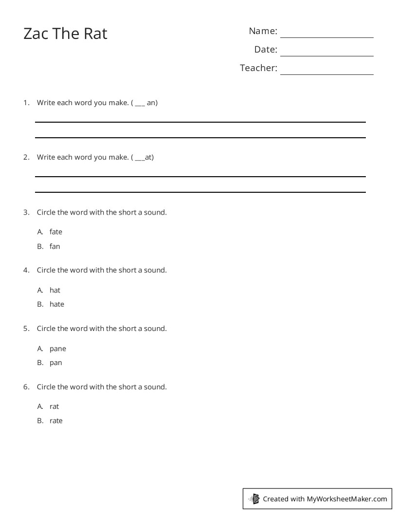 Zac The Rat - My Worksheet Maker: Create Your Own Worksheets