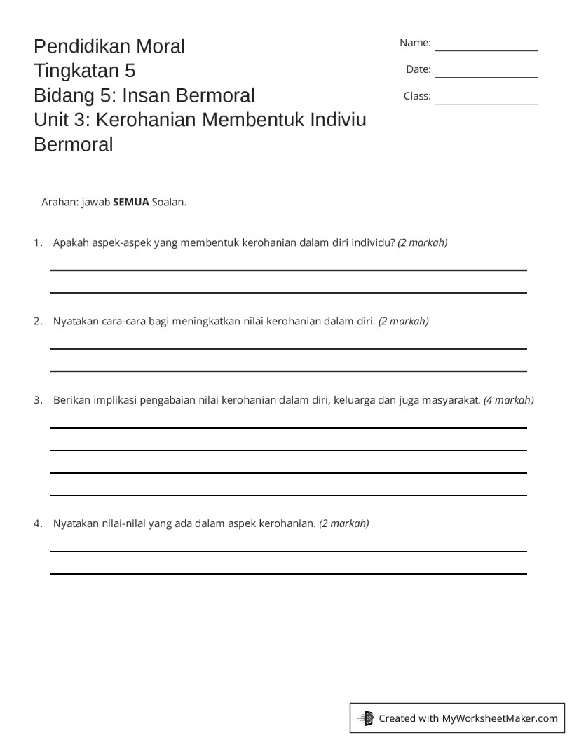 Pendidikan Moral Tingkatan 5Bidang 5: Insan BermoralUnit 3: Kerohanian ...