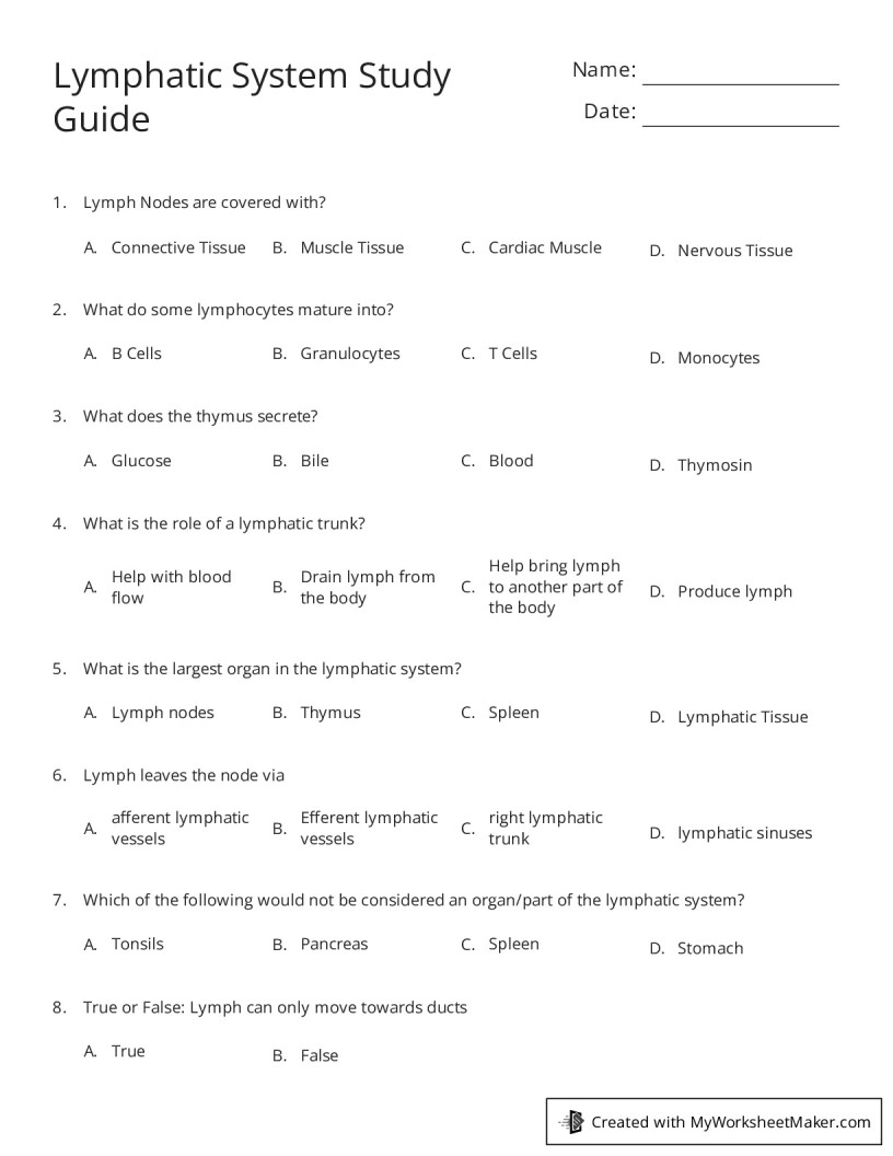 Lymphatic System Study Guide - My Worksheet Maker: Create Your Own ...