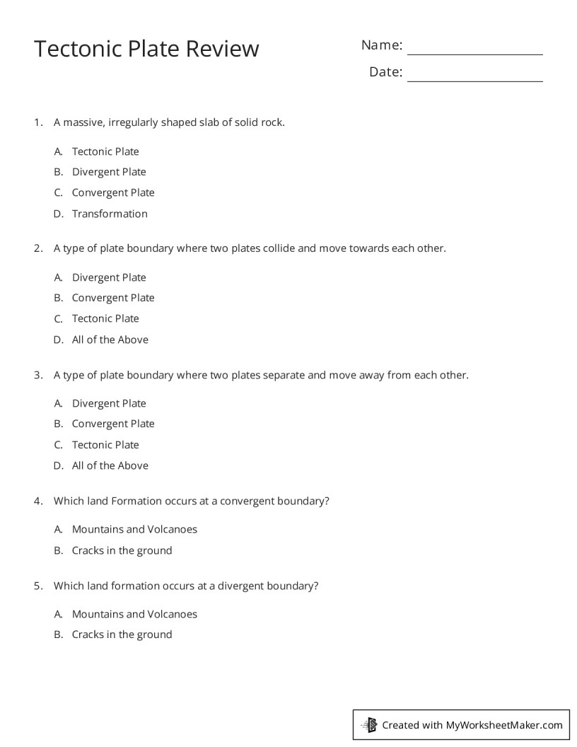 Tectonic Plate Review - My Worksheet Maker: Create Your Own Worksheets