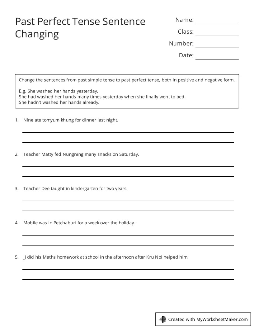 Past Perfect Tense Sentence Changing - My Worksheet Maker: Create Your ...