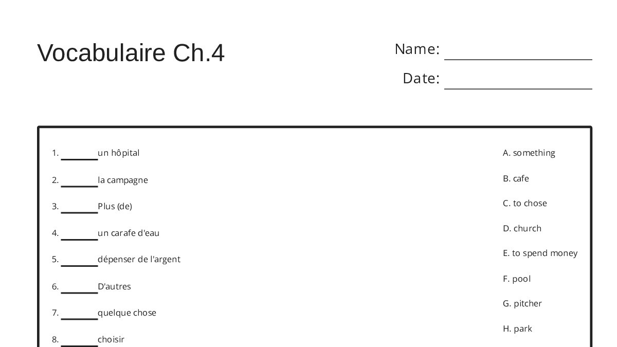 Vocabulaire Ch.4 - My Worksheet Maker: Create Your Own Worksheets