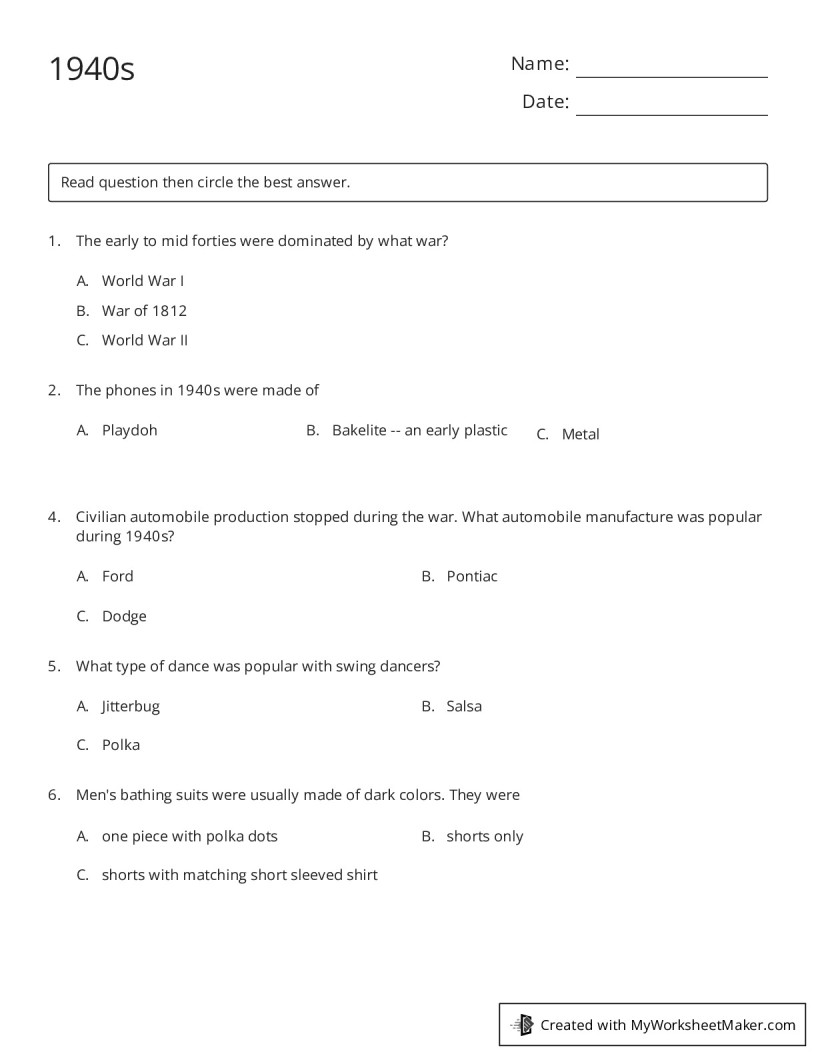 1940s - My Worksheet Maker: Create Your Own Worksheets
