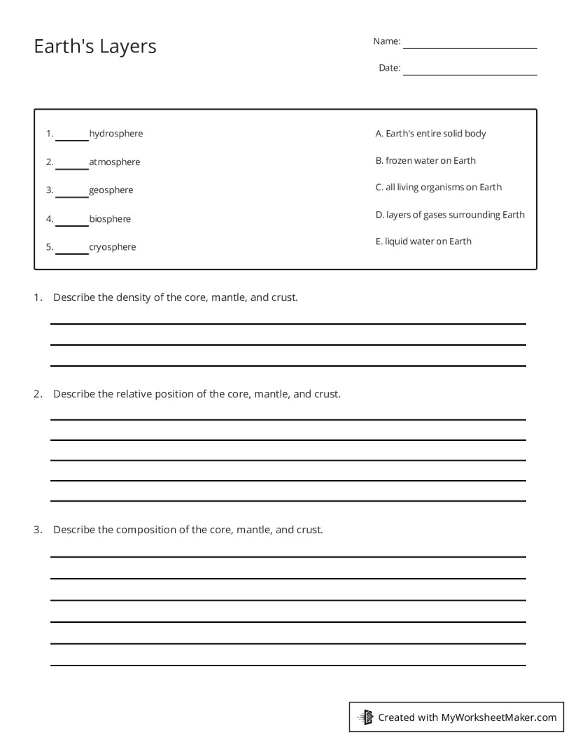 Earth's Layers - My Worksheet Maker: Create Your Own Worksheets