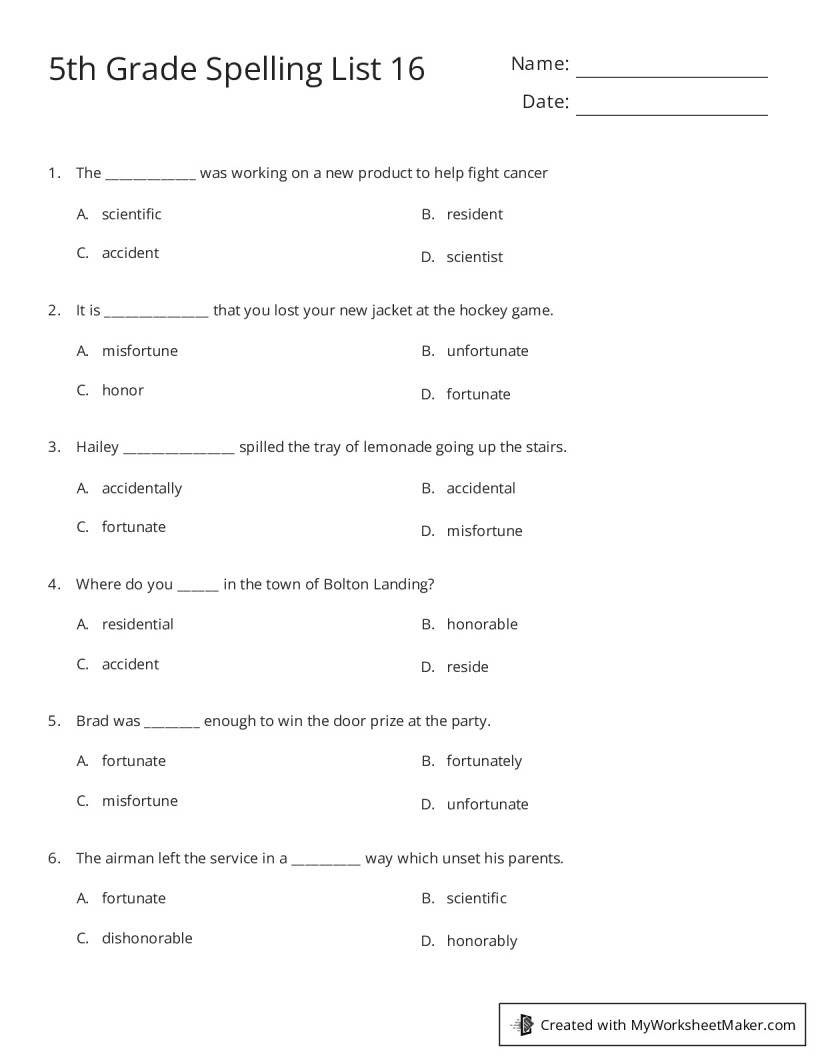 5th Grade Spelling List 16 - My Worksheet Maker: Create Your Own Worksheets