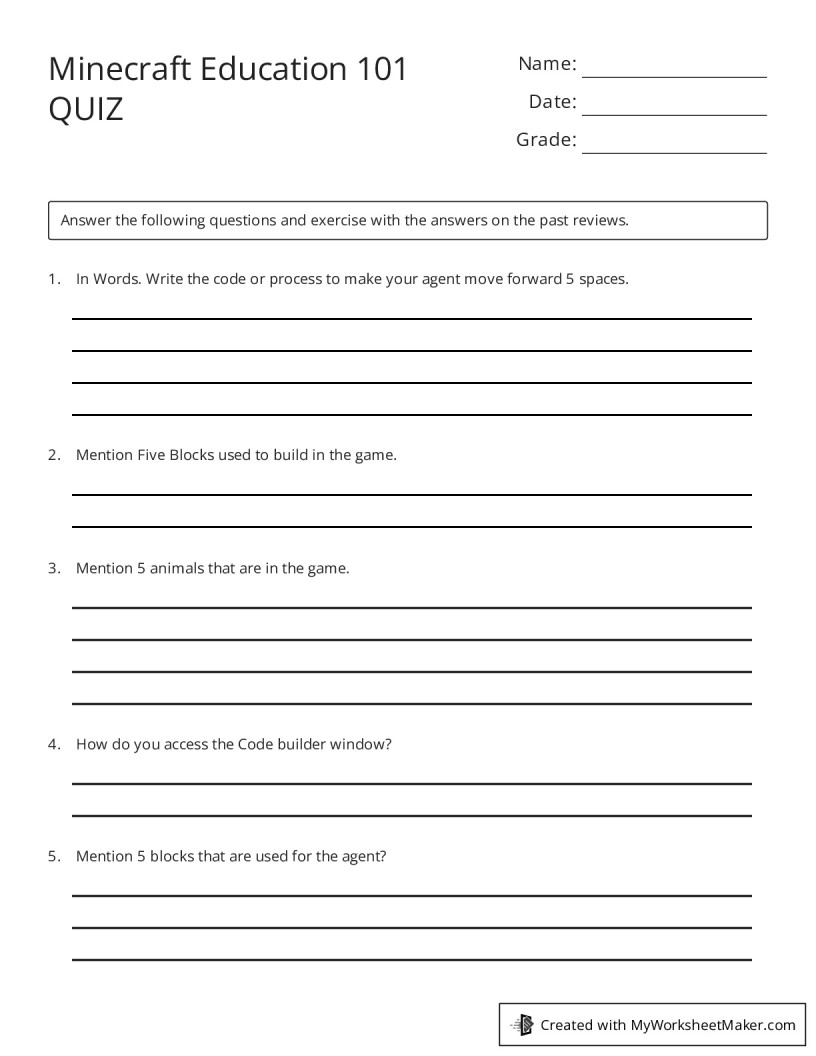 Minecraft Education 101 QUIZ - My Worksheet Maker: Create Your Own ...