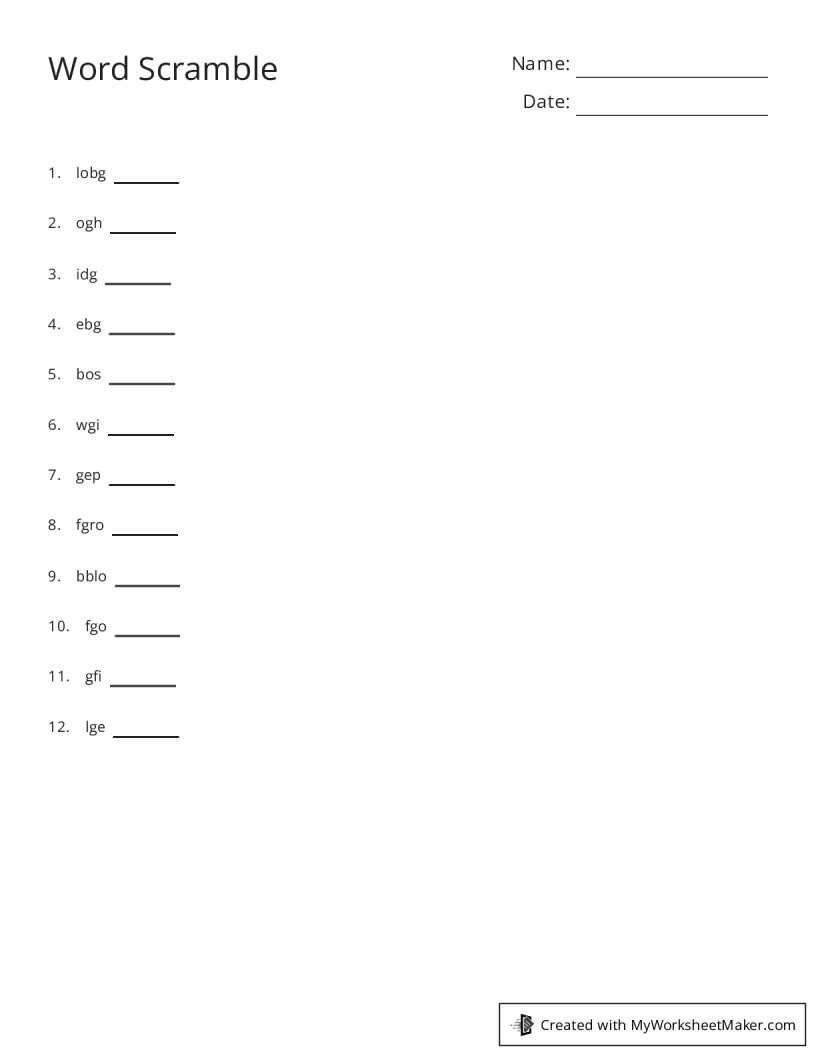 Word Scramble - My Worksheet Maker: Create Your Own Worksheets