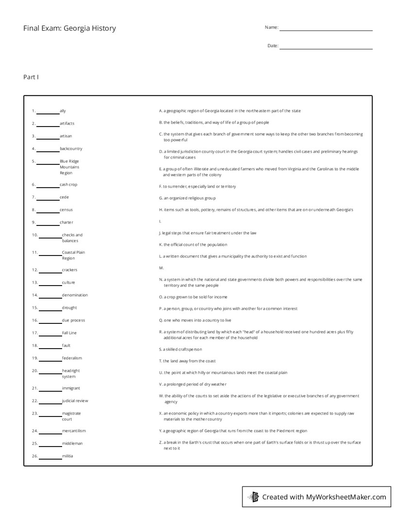 Final Exam: Georgia History - My Worksheet Maker: Create Your Own ...