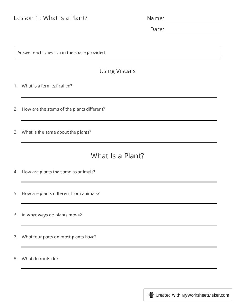 Lesson 1 : What Is a Plant? - My Worksheet Maker: Create Your Own ...