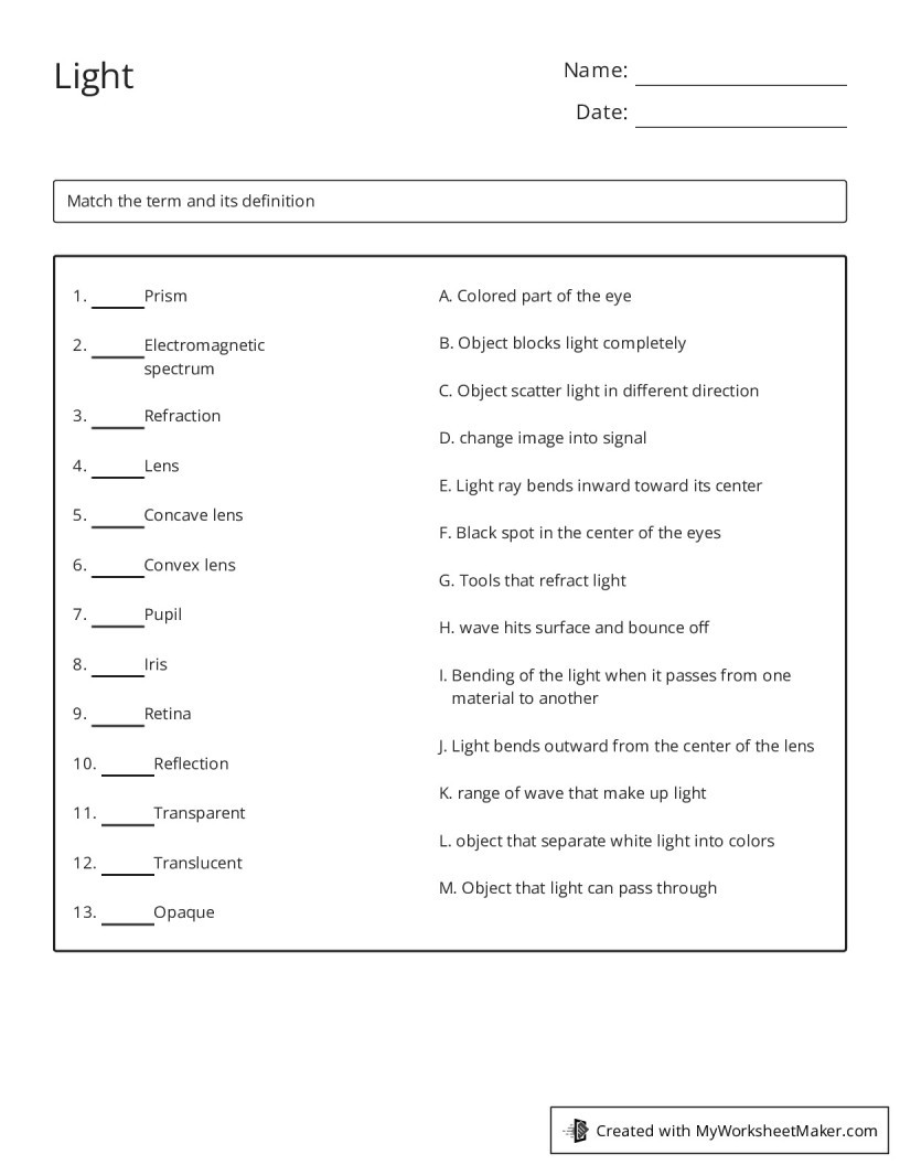 Light - My Worksheet Maker: Create Your Own Worksheets