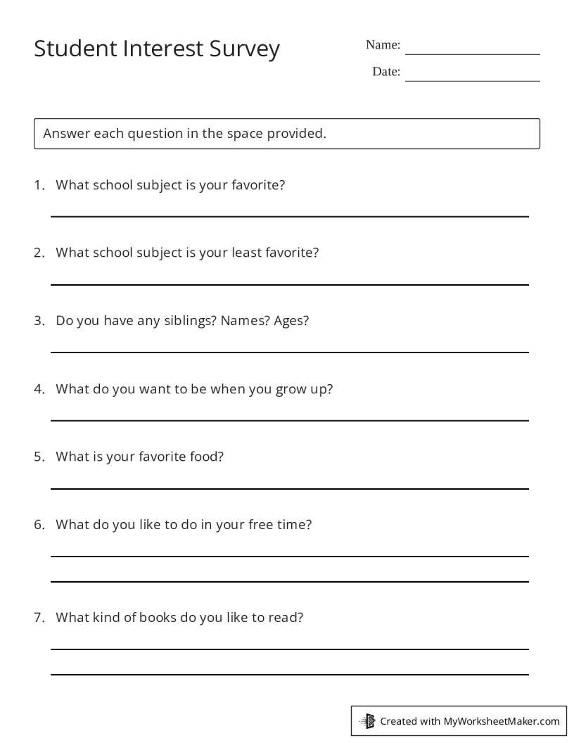 Student Interest Survey - My Worksheet Maker: Create Your Own Worksheets
