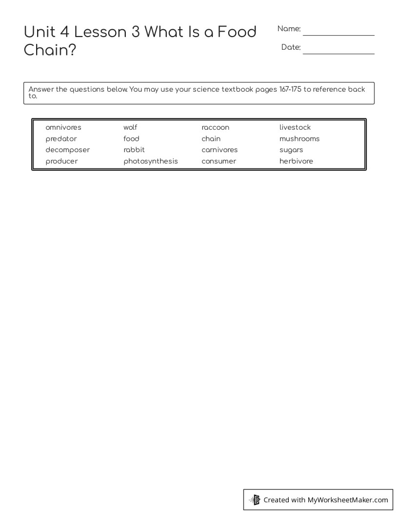 Unit 4 Lesson 3 What Is a Food Chain? - My Worksheet Maker: Create Your ...
