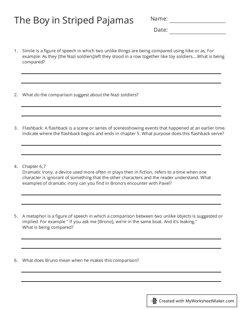 The Boy in Striped Pajamas - My Worksheet Maker: Create Your Own Worksheets