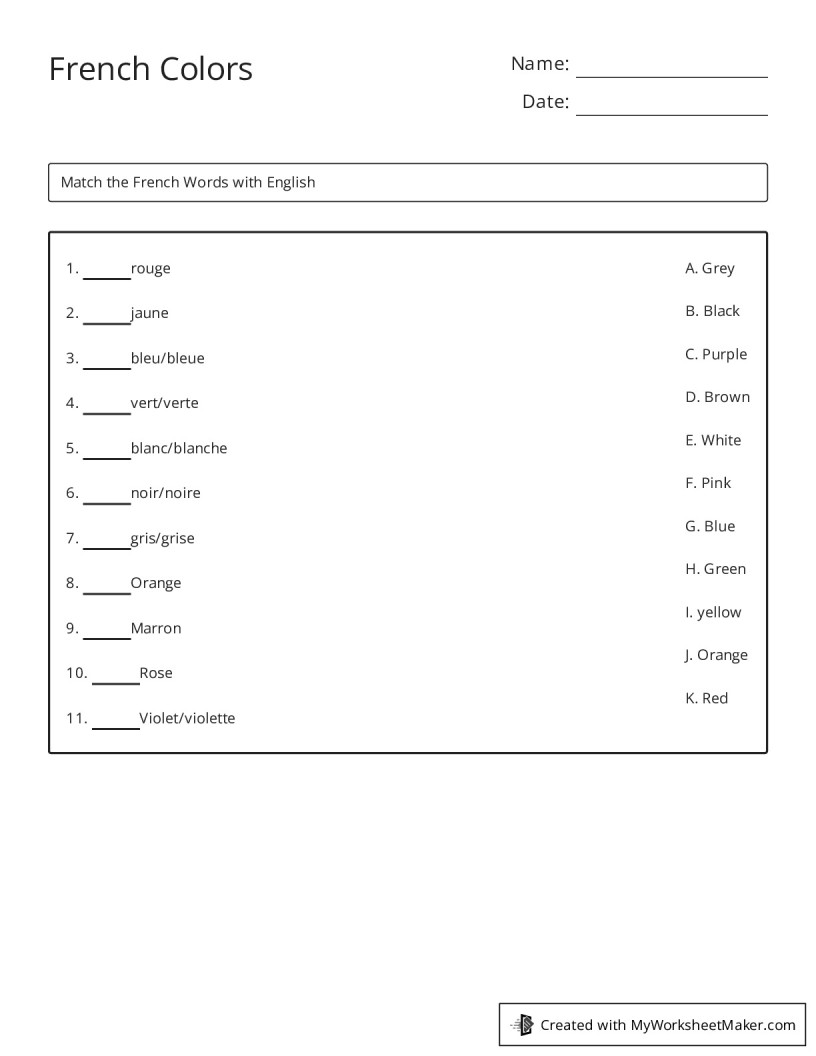 French Colors - My Worksheet Maker: Create Your Own Worksheets