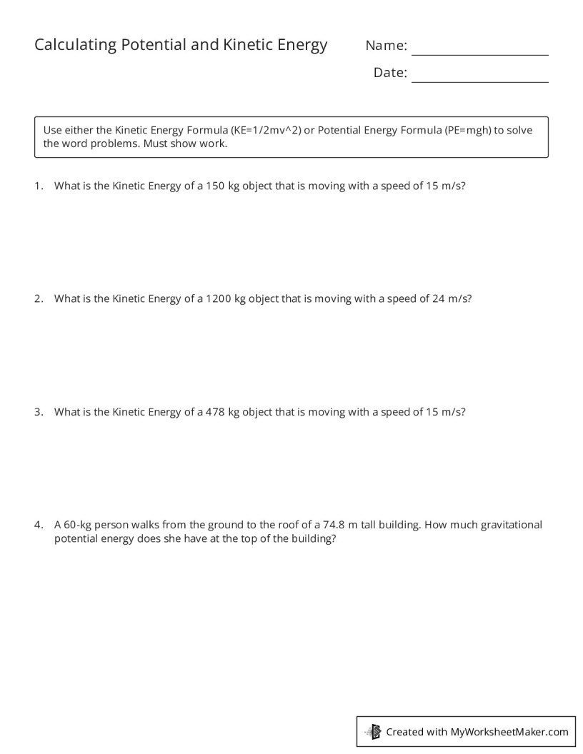 Calculating Potential and Kinetic Energy - My Worksheet Maker: Create ...