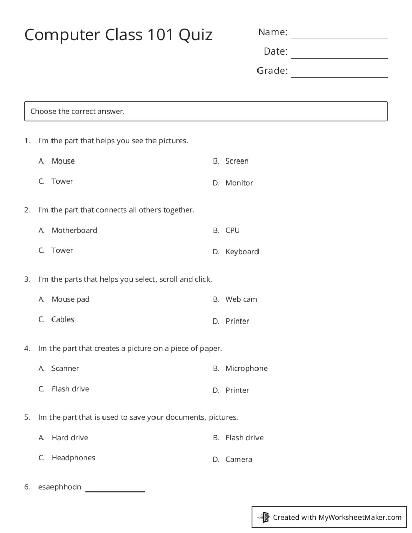 Computer Class 101 Quiz - My Worksheet Maker: Create Your Own Worksheets