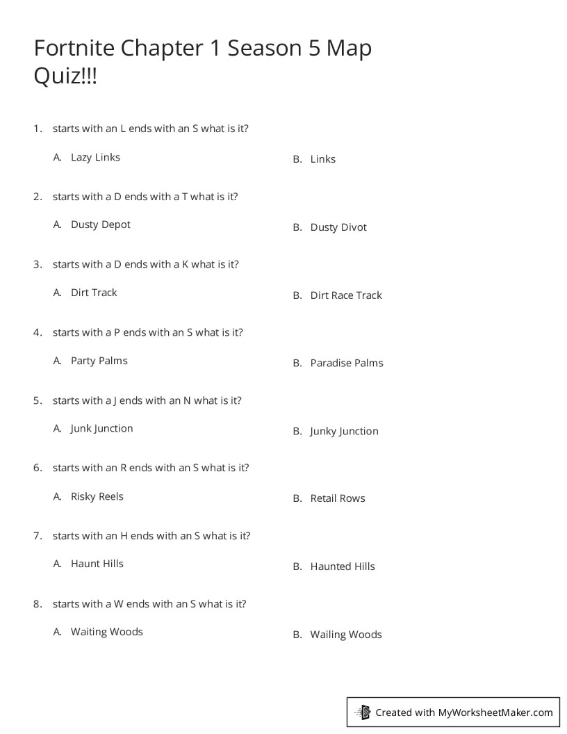 Fortnite Chapter 1 Season 5 Map Quiz!!! - My Worksheet Maker: Create ...