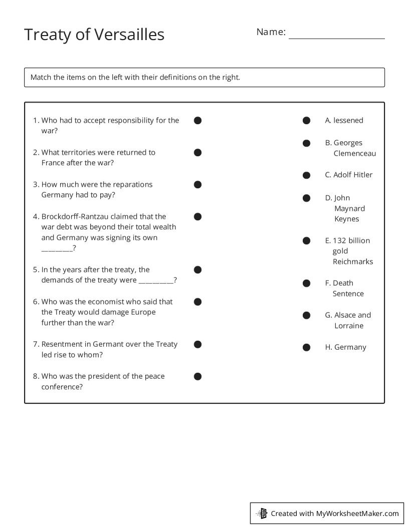 Treaty of Versailles - My Worksheet Maker: Create Your Own Worksheets