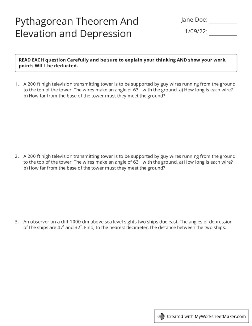 Pythagorean Theorem And Elevation and Depression - My Worksheet Maker ... Pythagorean Theorem And Elevation and Depression - My Worksheet Maker ...